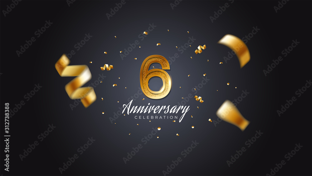6th anniversary celebration Gold numbers with dotted halftone, shadow ...