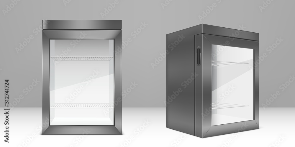 Empty mini refrigerator with transparent glass door. Vector gray fridge ...