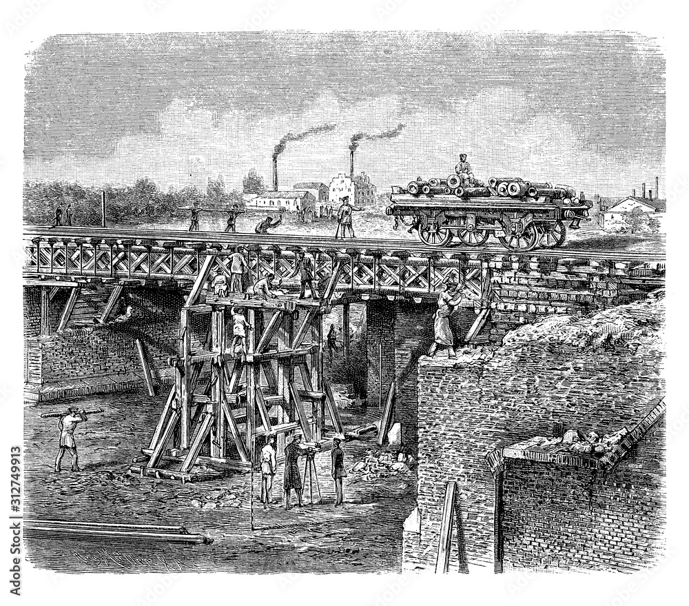 Prussion regiment build a railroad bridge during the Franco Prussian ...