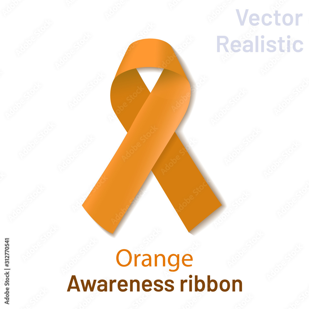 Realistic orange ribbon folded in a loop on a white background. A ...
