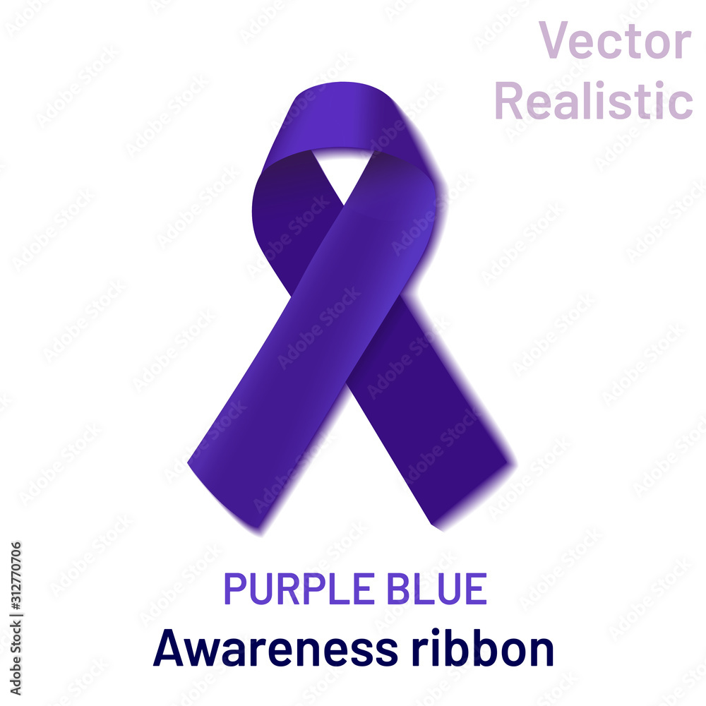 Realistic violet-blue ribbon folded in a loop on a white background ...