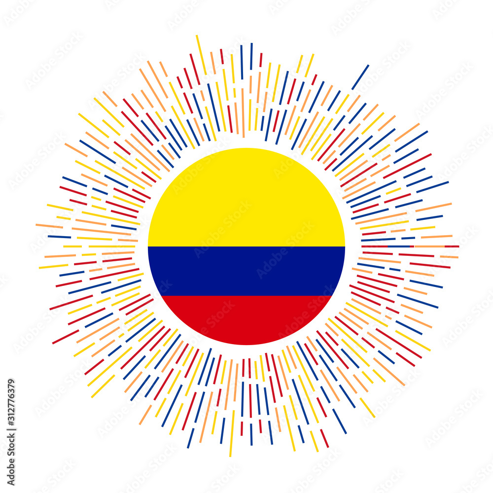 Colombia sign. Country flag with colorful rays. Radiant sunburst with ...