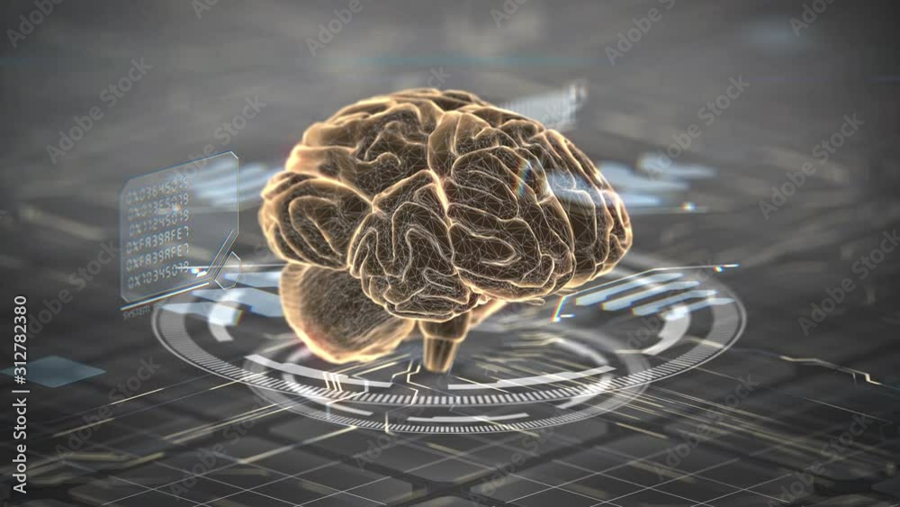 Yellow color brain animation in sci-fi style. Deep learning computer ...