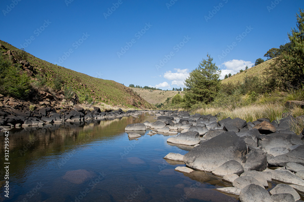 Quiet and Calm Reflective River, Stream With Smooth Rocks and Mountains ...