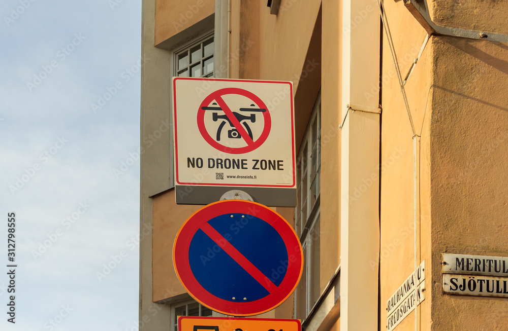 Sign prohibition of flights for drones. No drones all remote controlled ...