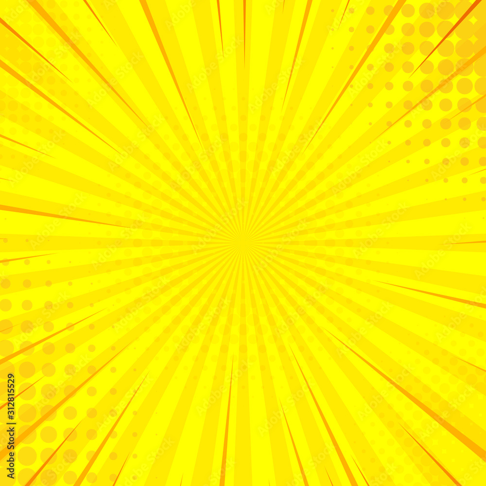 Yellow pop art comic background with blast halftone dot.Cartoon comic ...