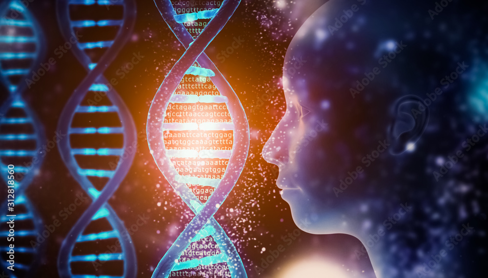 Glowing and shining DNA strands double helix close-up with genome code ...