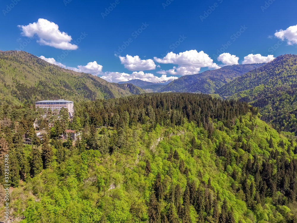 great waterfall and forest view from funicular transport in Borjomi ...