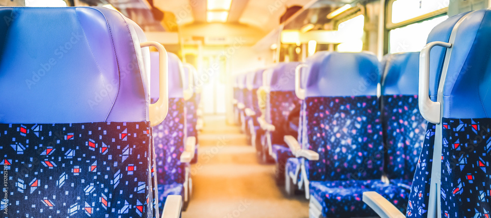 Emtpy interior of the train for long and short distance in Europe. A ...