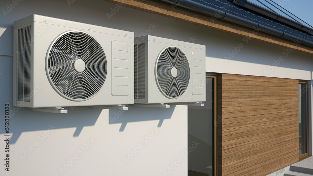 Air conditioner system - two air compressors on house, 3D illustration ...