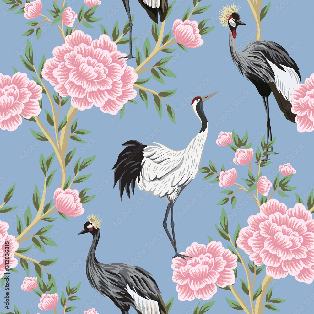 Vintage garden rose tree, crane bird floral seamless pattern blue ...