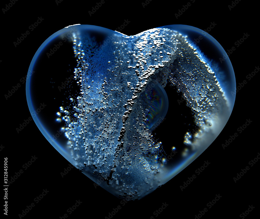 3d render of abstract glass ice heart love shape with small silver ball ...