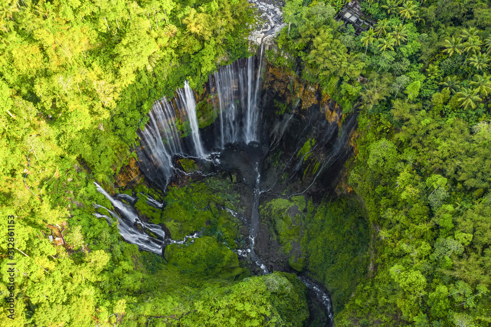 View from above, stunning aerial view of the Tumpak Sewu Waterfalls ...
