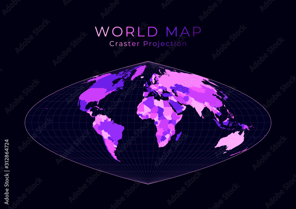 World Map. Craster parabolic projection. Digital world illustration ...
