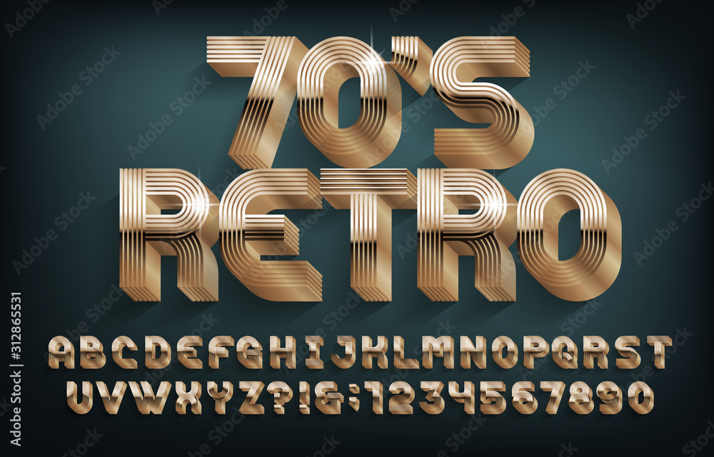 Retro 70s alphabet font. 3D golden letters and numbers. Stock vector ...