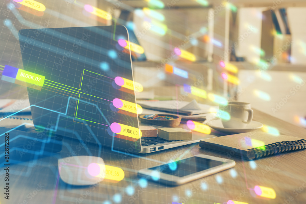 Technology theme drawing and work space with computer. Double exposure ...