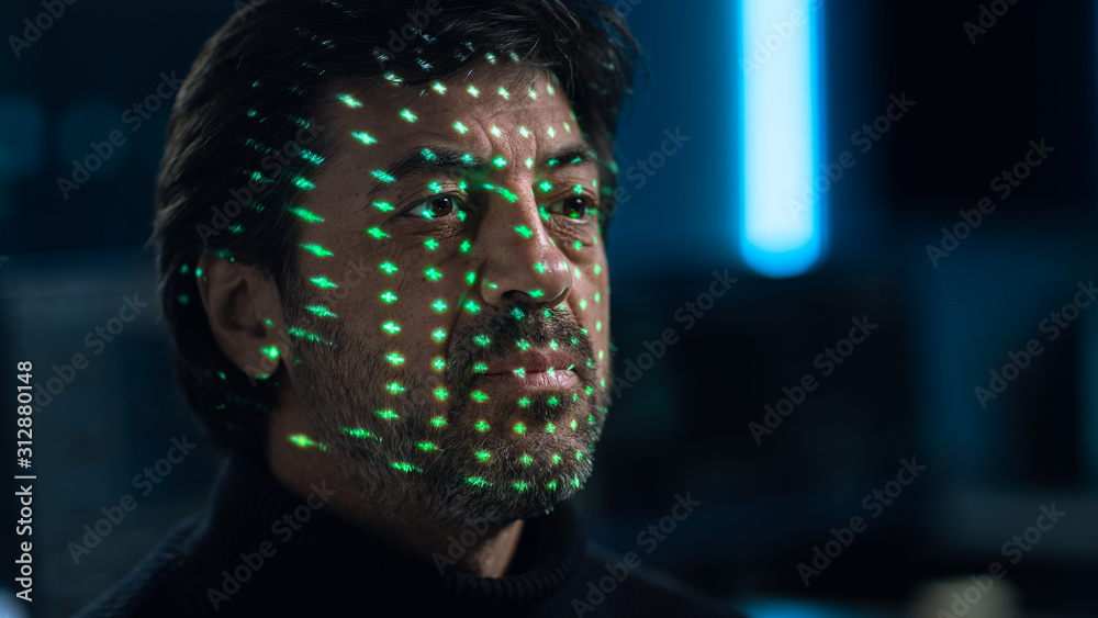 Handsome Middle Aged Man is Identified by Biometric Facial Recognition ...