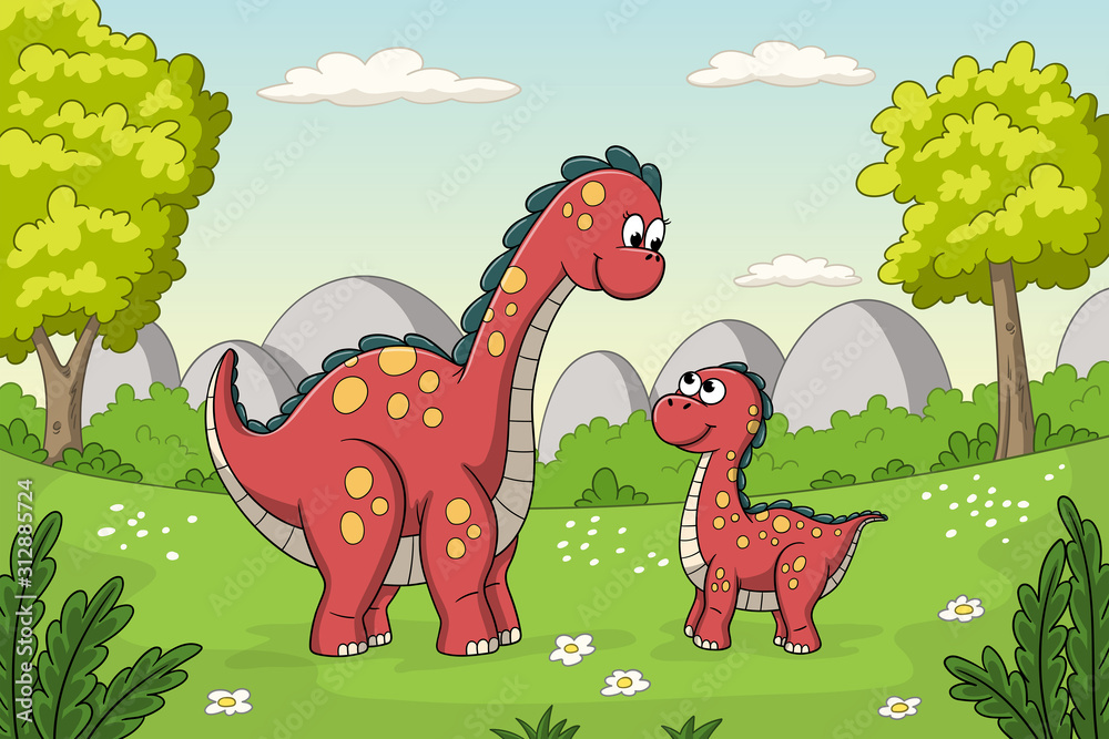 Cute cartoon dinos with landscape. Hand draw vector illustration with ...