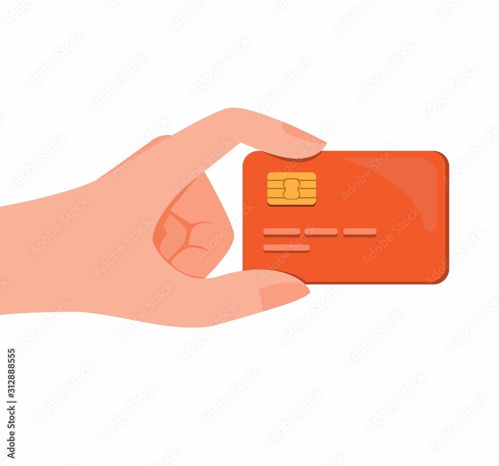 Hand holding credit card, debit card or sim card cartoon flat ...