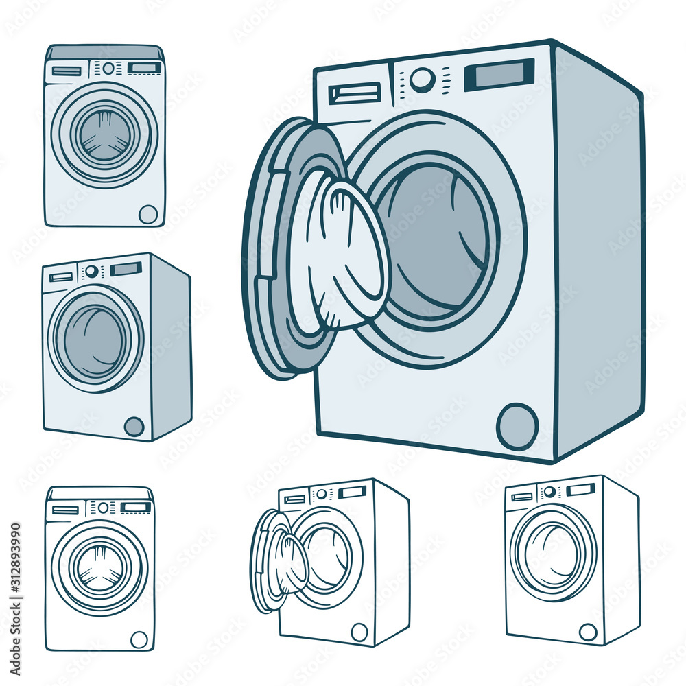 Washing machine. Hand drawn washing machines illustrations set. Washing ...