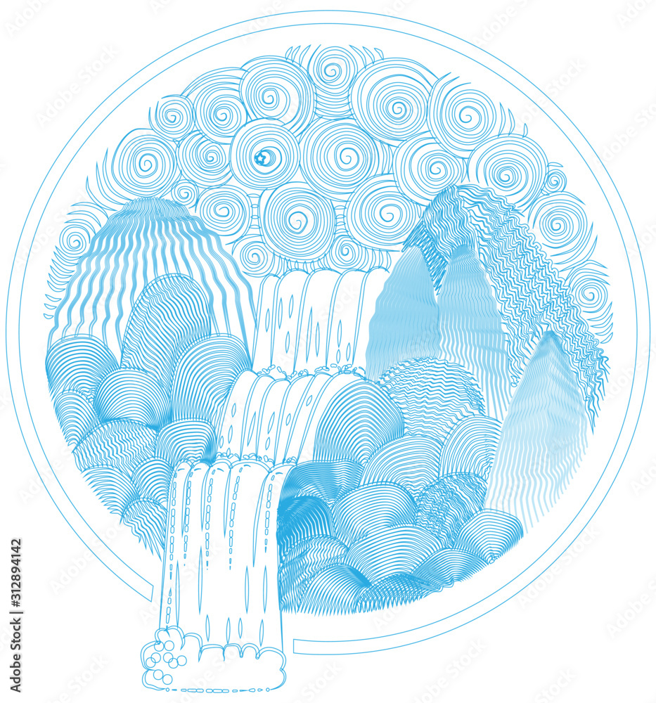 Waterfall landscape drawn in a circle. Landscape drawn by lines and ...