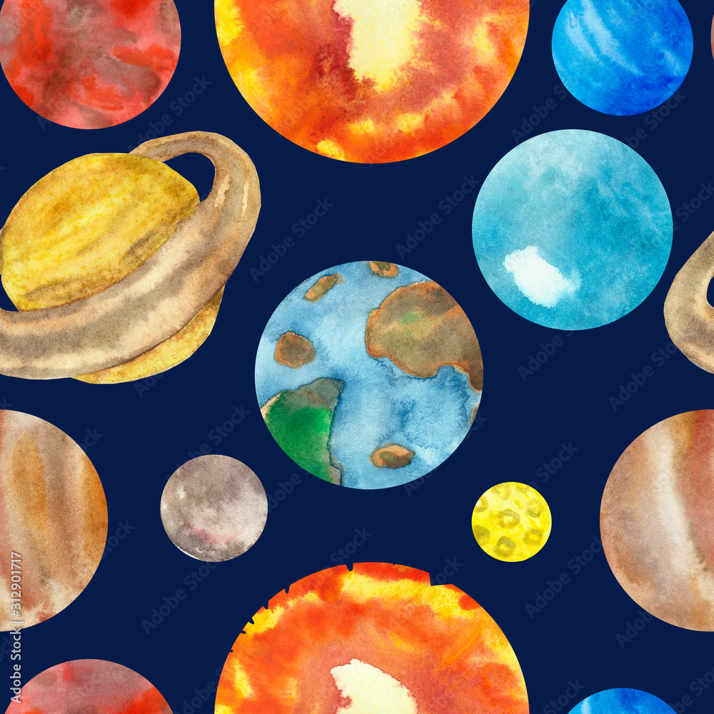 Watercolor hand painted lifeless nature space planets set with nine ...