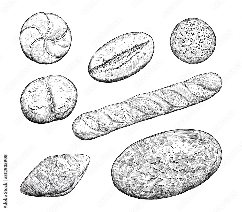 Various bread type - drawing of bakery products - hand sketch of bread ...