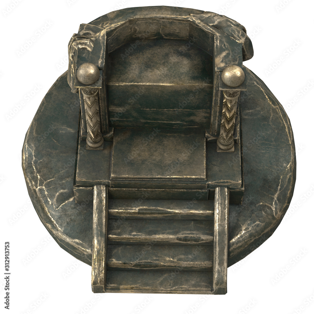 metal antique throne with columns, on an isolated white background. 3d ...
