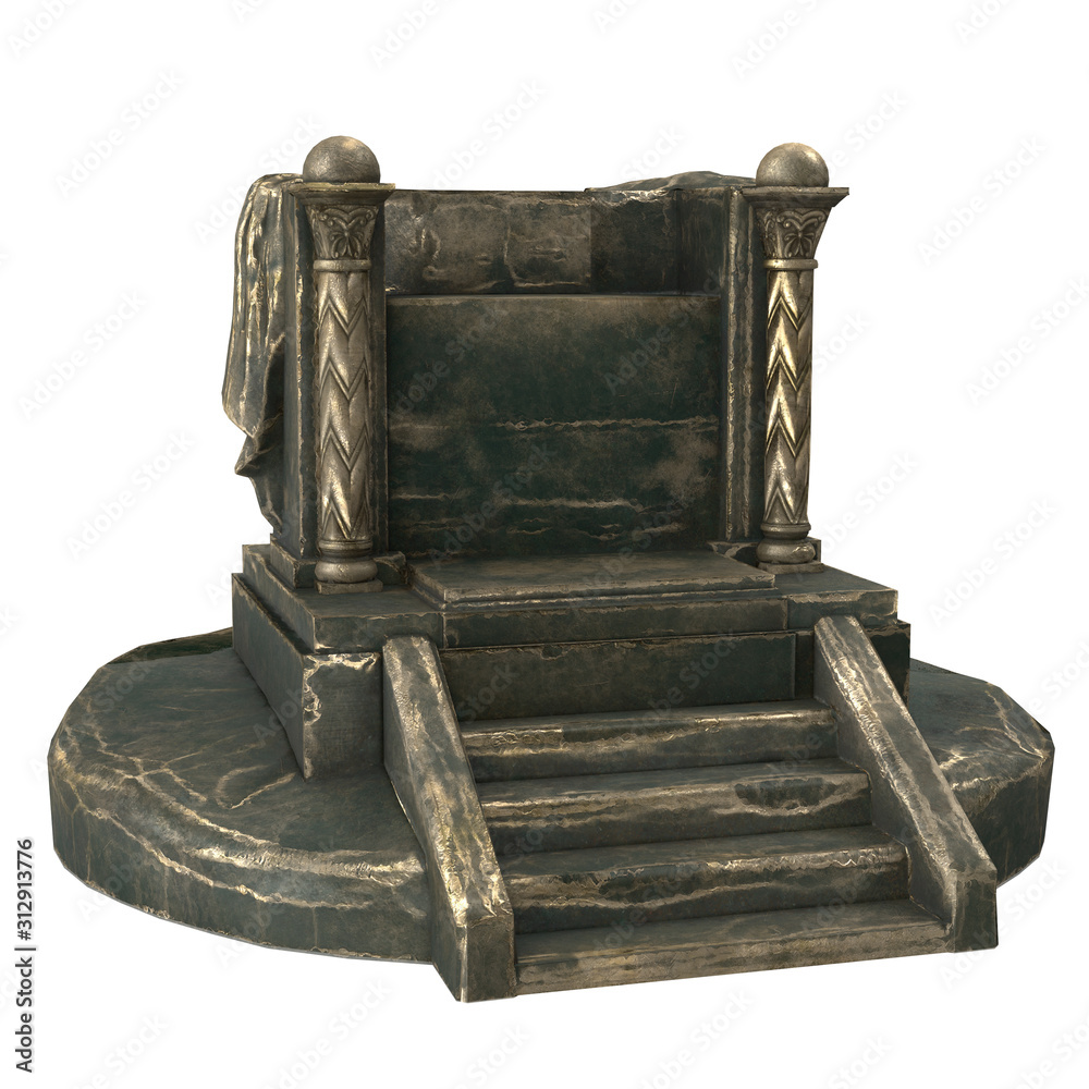 metal antique throne with columns, on an isolated white background. 3d ...