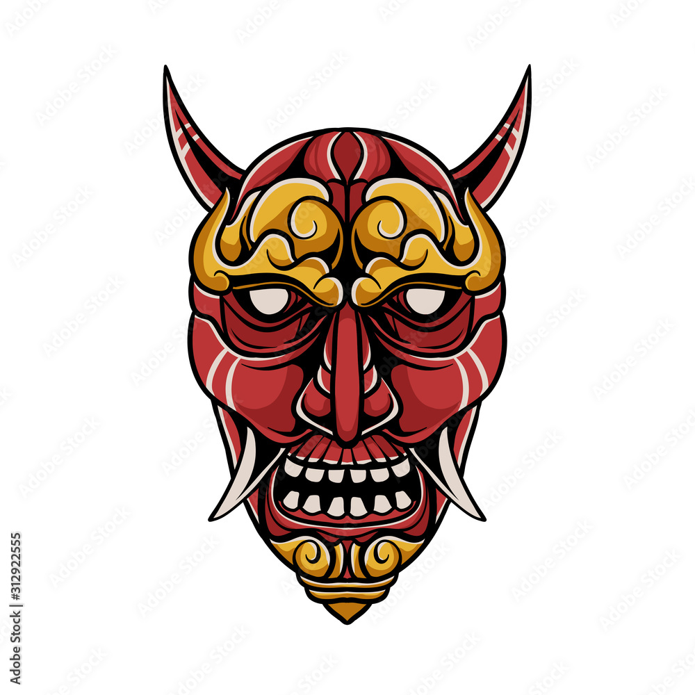 Japanese demon mask illustration. Kabuki Mask clip art on white ...
