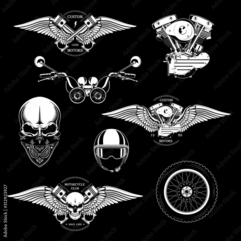 Set of monochrome motorcycle emblems with the image of a skull, wings ...