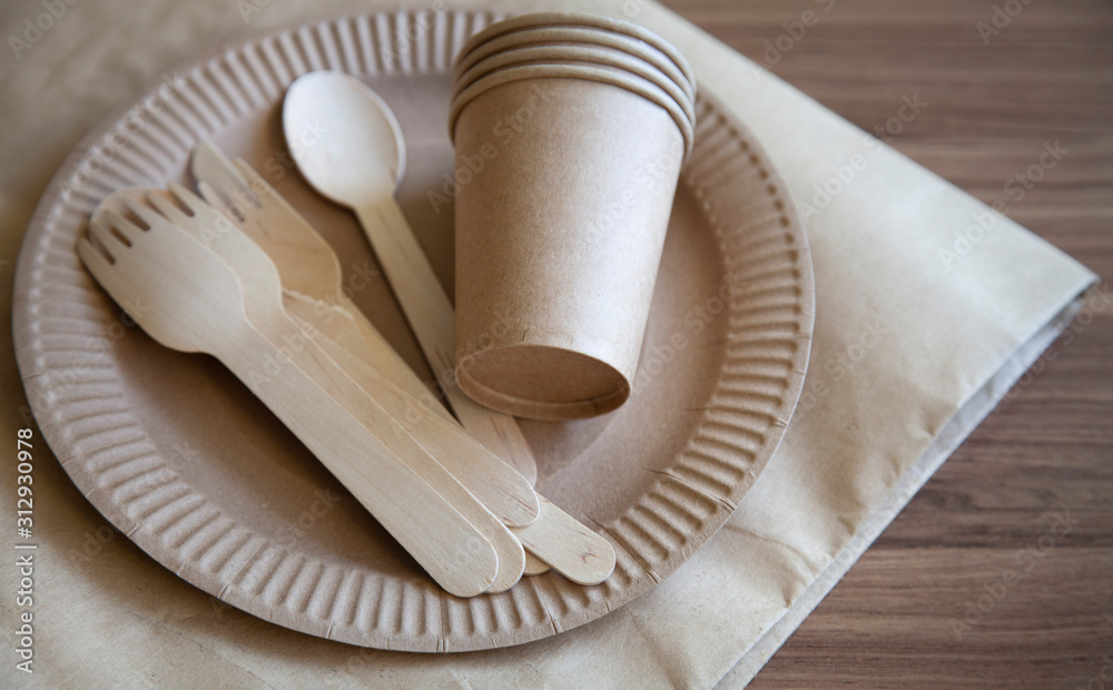 disposable eco dishes from paper cardboard spoon fork knife Stock Photo ...