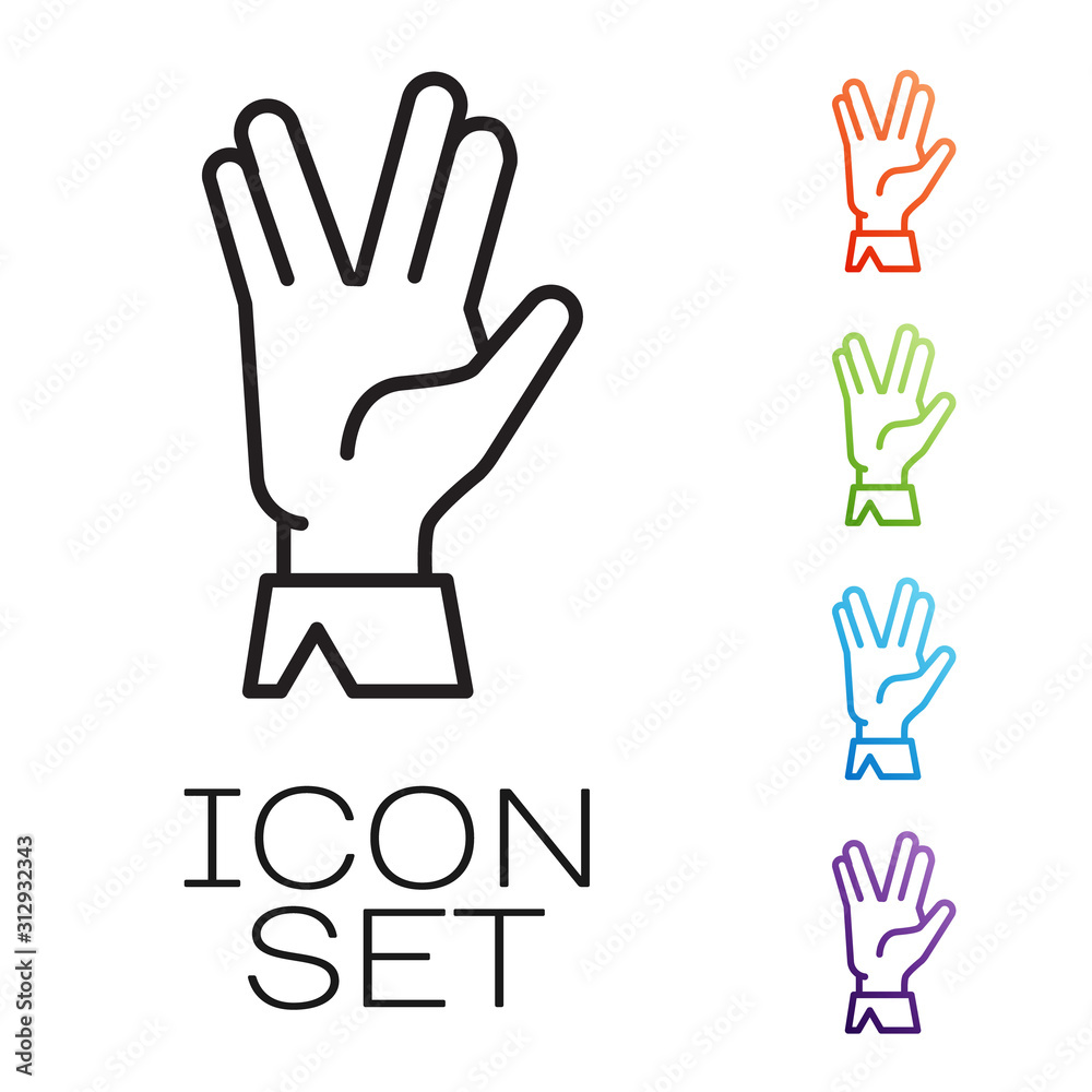 Black line Vulcan salute icon isolated on white background. Hand with ...