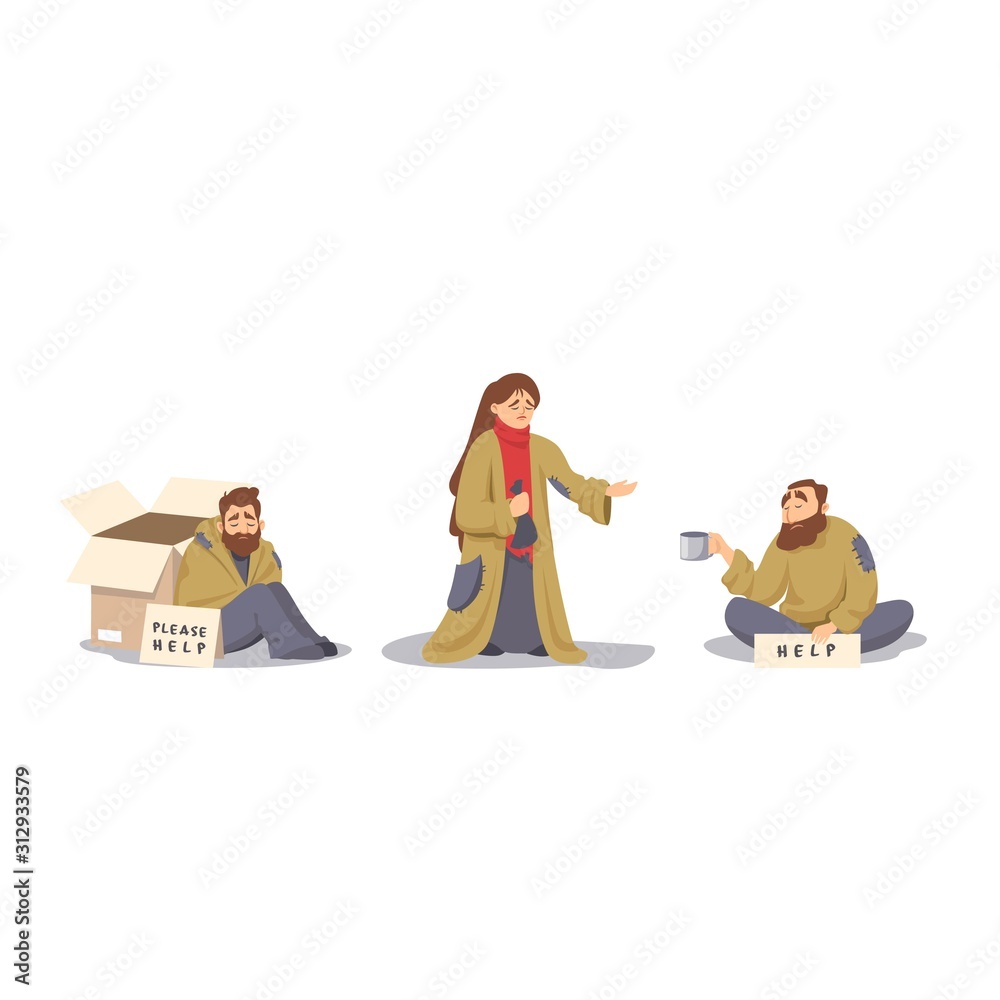 Set of cartoon poor hungry people asking food and money isolated on ...