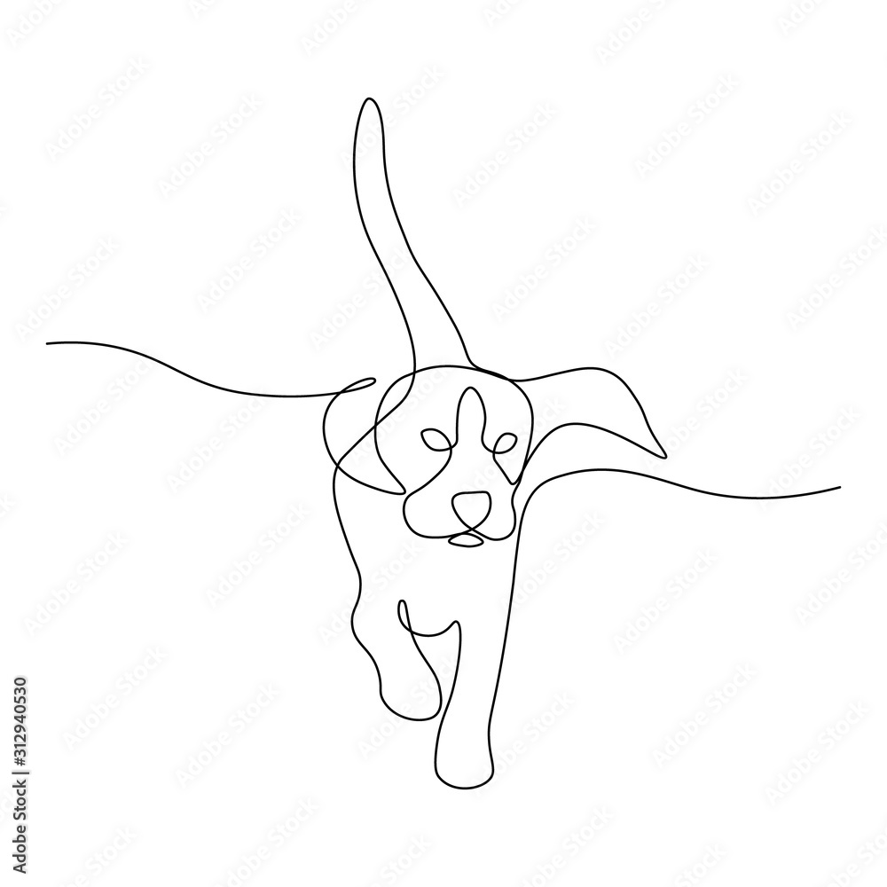 Running dog in continuous line art drawing style. Black line sketch on ...
