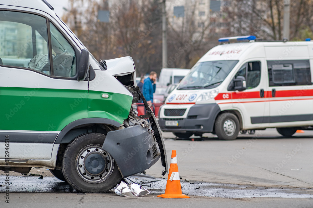 Heavily damaged car after car crash accident on a city street. Stock ...