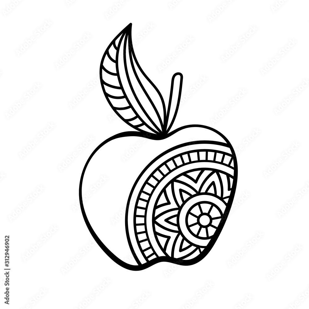 Apple with mandala. Coloring page for adult and older children. Hand ...