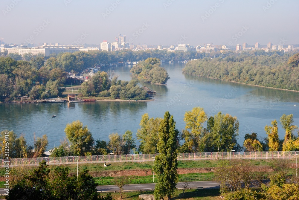 The confluence of the Sava River into the Danube seen Kalemegdan Park ...