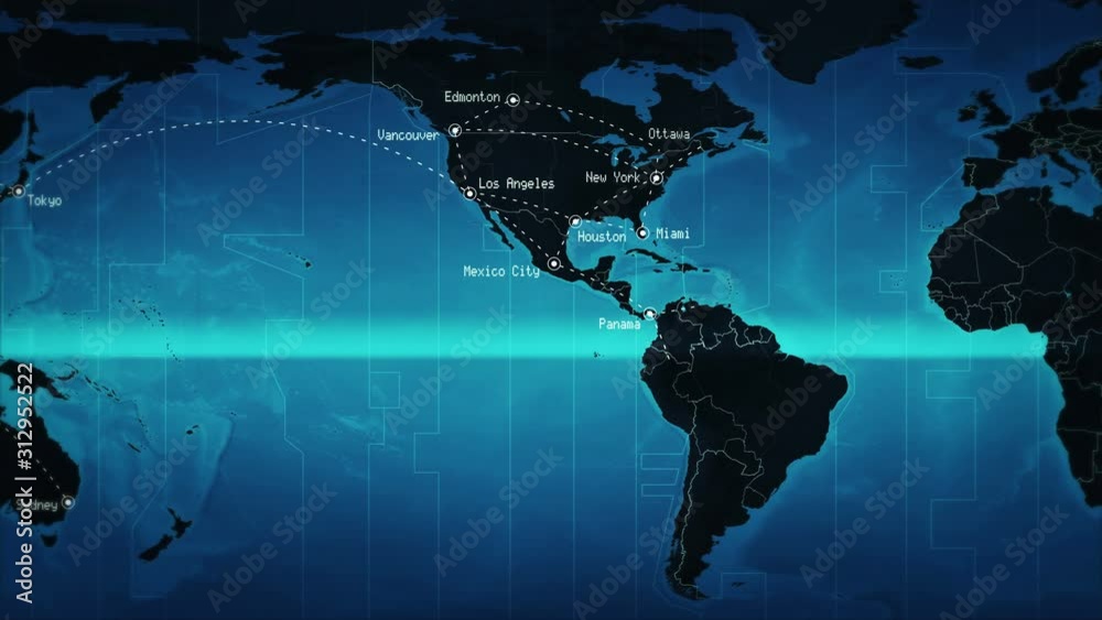World map showing well-known cities and times zones with connections ...