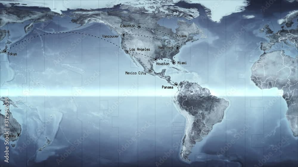 World map showing well-known cities and times zones with connections ...