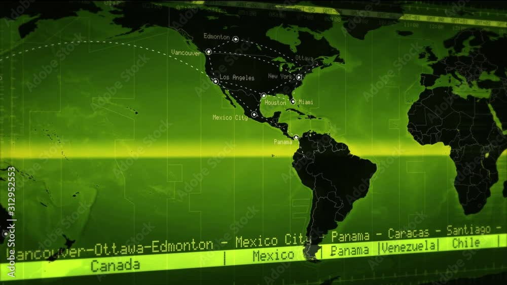 World map showing well-known cities and times zones with connections ...