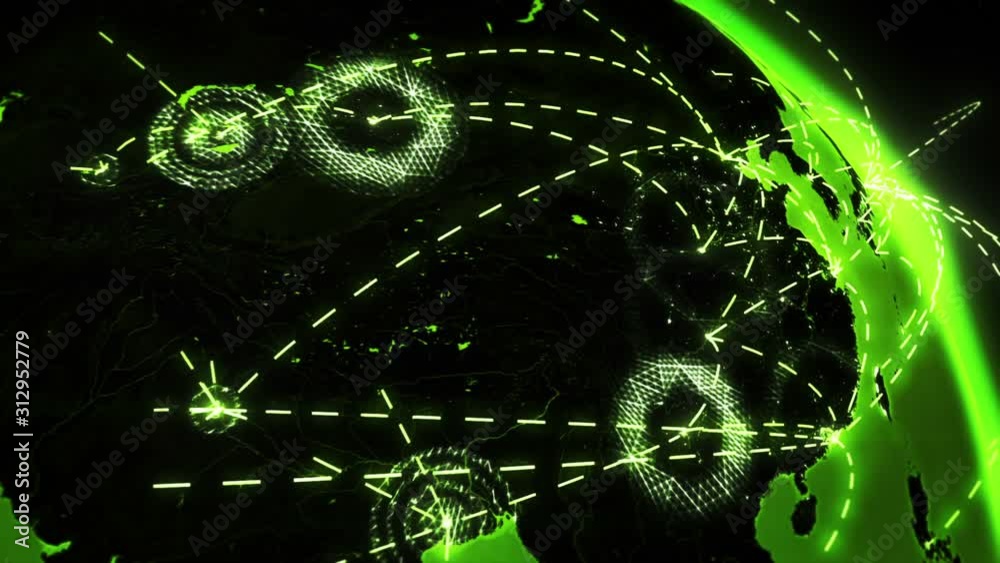 World connections with city lights. Green. Spinning Earth with light ...