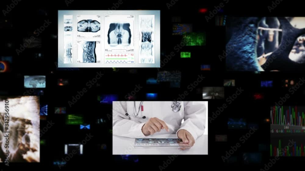 Video wall. Medical. Black background. Loopable. Video screens showing ...
