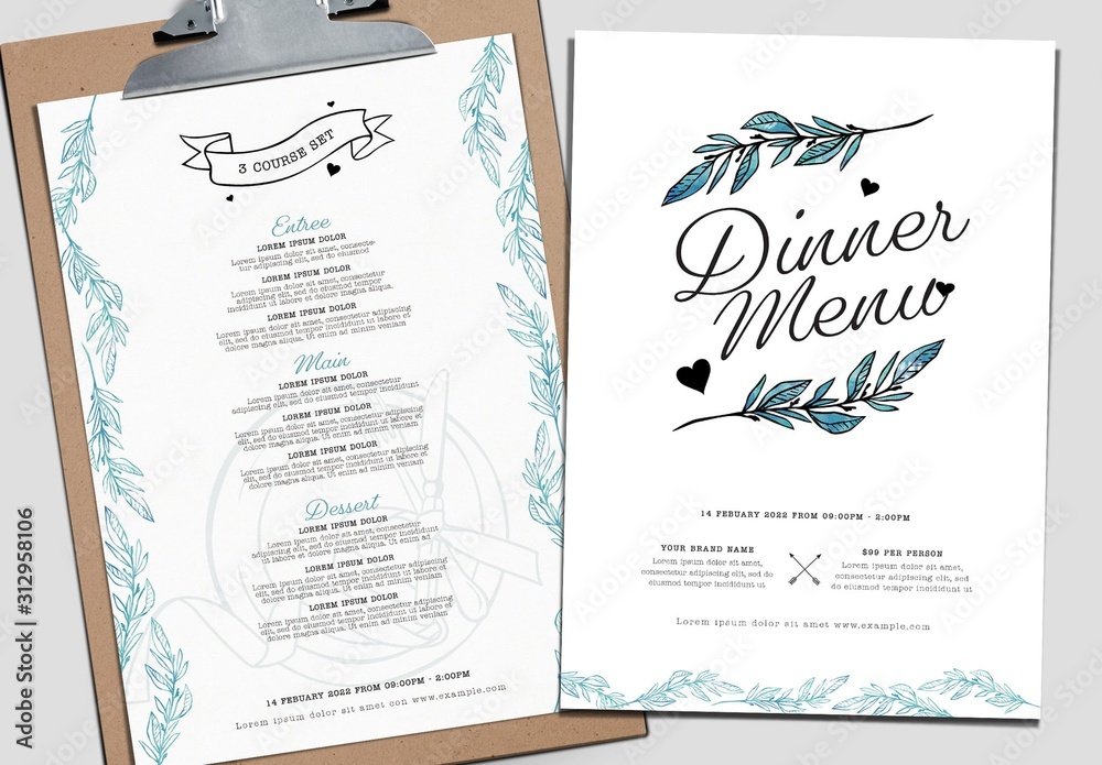 Red and White Valentine's Day Menu Layout with Watercolor Leaf ...