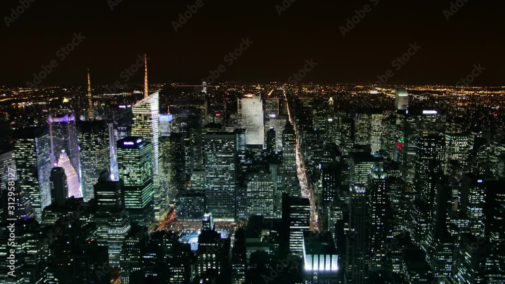 New York City skyline at night. High view. Zoom in. Great view of ...