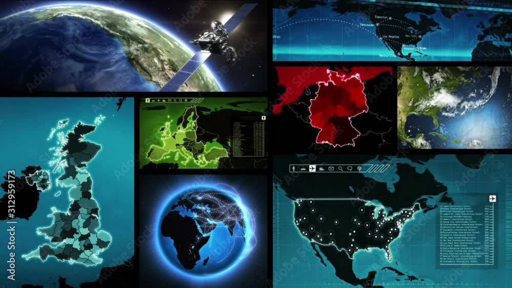 Video wall. Selection of screens showing Geography themed videos. Black ...