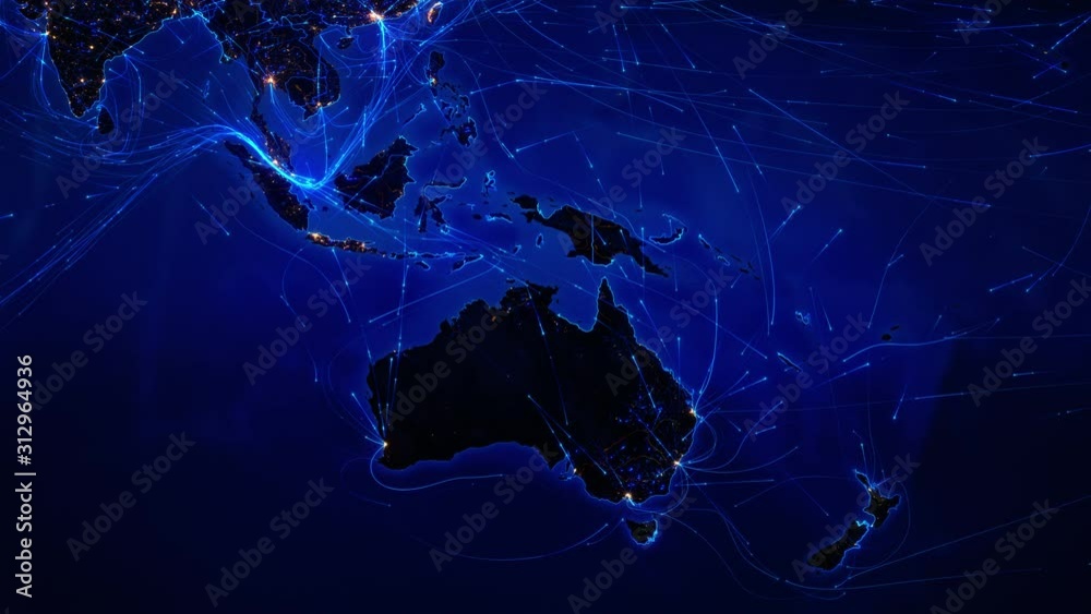 World map with connections. Oceania and Asian map with bright ...