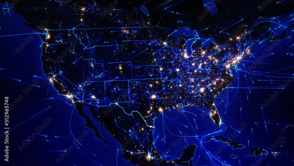 World map with connections. European and North American map with bright ...