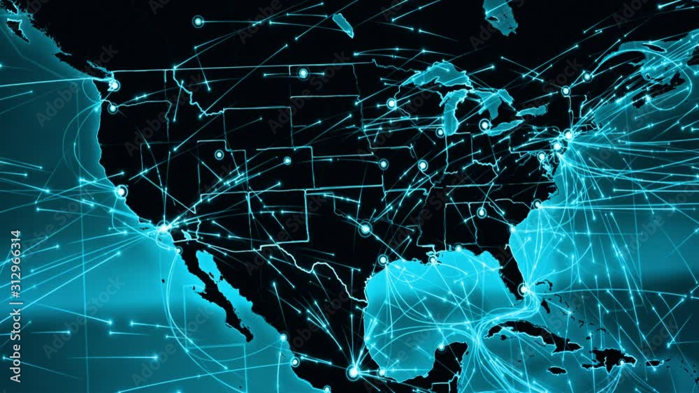 Earth connections. North American and European map with bright ...