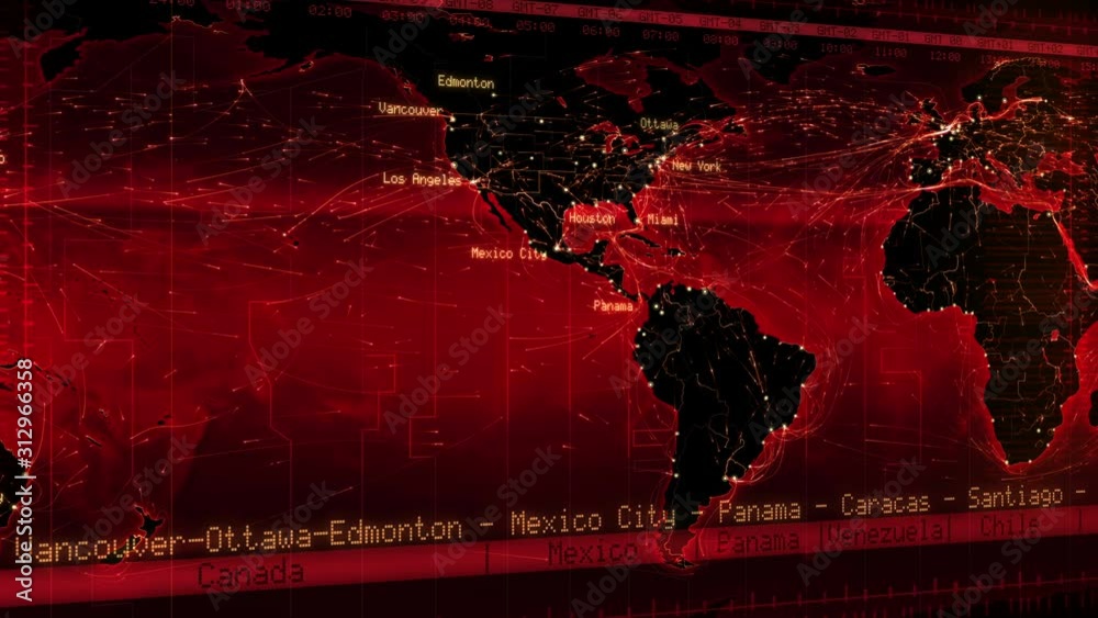 World map with connections, countries, cities and time zones. Loopable ...